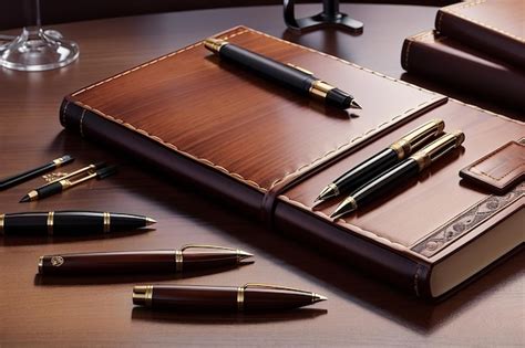 Premium Ai Image Display A Set Of Luxury Pens And Leather Notebooks