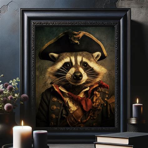 Printable Pirate Captain Raccoon Oil Painting Portrait Dark Academia