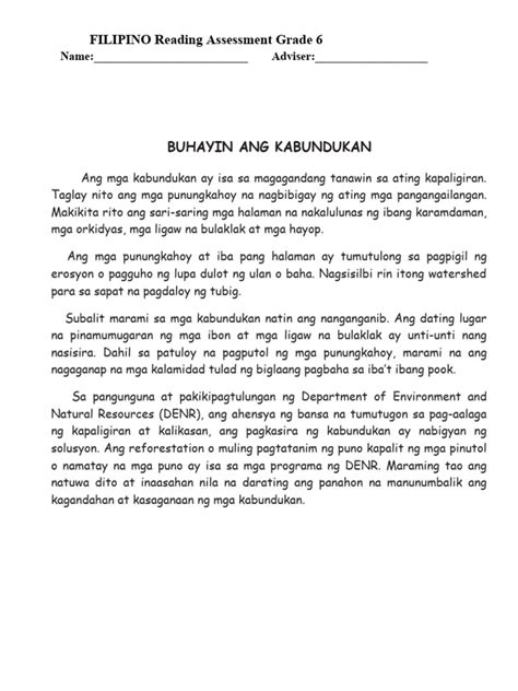 Filipino Reading Assessment Grade 6 For Print Pdf