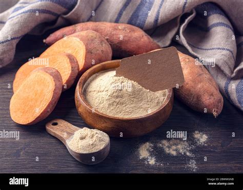 Sweet Potato Flour In A Wooden Bowl Isolated On A White Background
