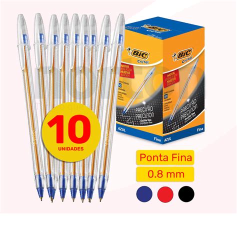 Kit 10 Canetas Bic Cristal Esferográficas 08mm Ponta Fina Cores Azul Preta E Vermelha Original