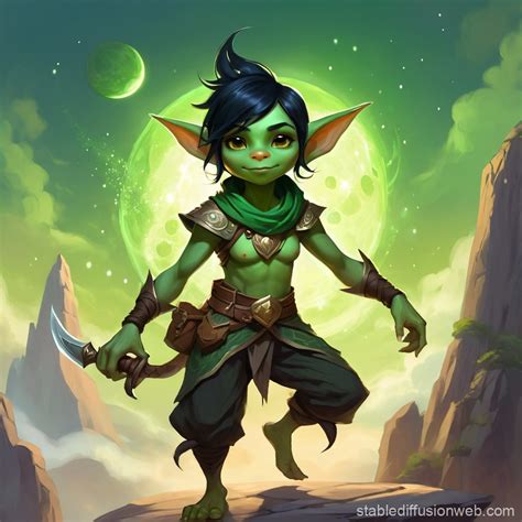 Shortstack Goblin Adventurer With Green Skin And Black Hair Wearing A