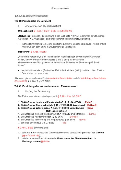 Einkommensteuer Zusammenfassung Einkünfte Aus Gewerbebetrieb Teil B Persönliche Steuerplicht
