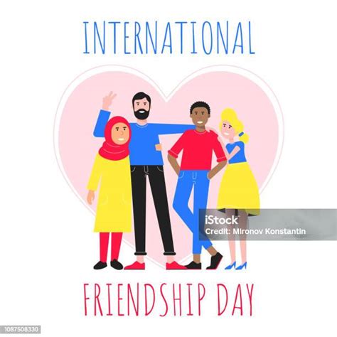포옹 하는 세계 각국에서 행복 한 친구 행복 한 국제 우정의 날 평면 스타일 디자인 문자 벡터 일러스트 레이 션 흰색 배경에 고립 다양성 고 아무 한계 우정입니다