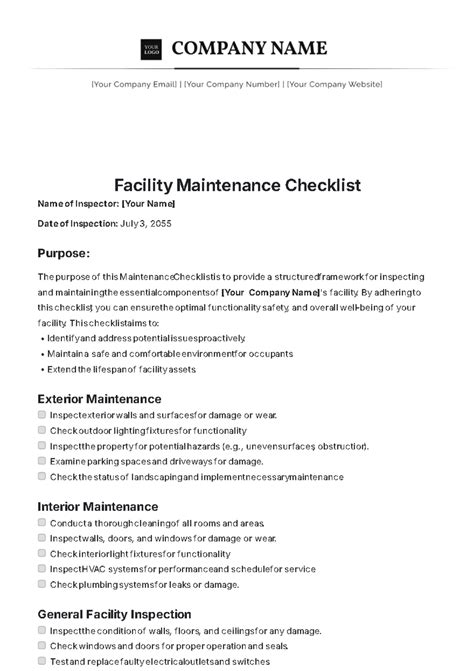 Free Printable Facility Maintenance Checklist Template To Edit Online
