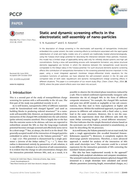 Pdf Static And Dynamic Screening Effects In Electrostatic Self Assembly Of Nano Particles