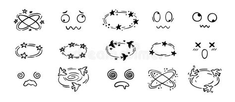 Dizzy Effect Drawing Hand Drawn Doodle Cartoon Set Dizzy Faces Birds