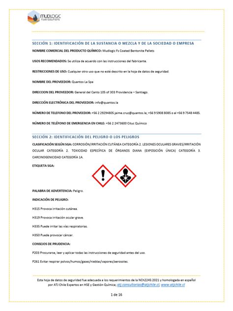 Hds Mudlogic Fs Coated Bentonite Pellets Nch2245 2021 Atj Chile Pdf