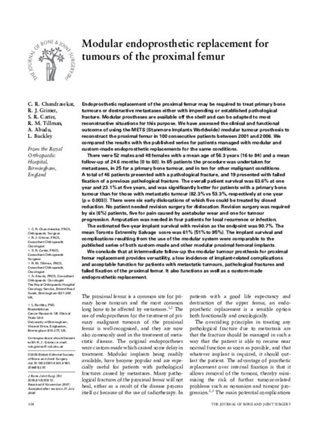 Pdf Modular Endoprosthetic Replacement For Tumours Of The Proximal Femur Simon Carter