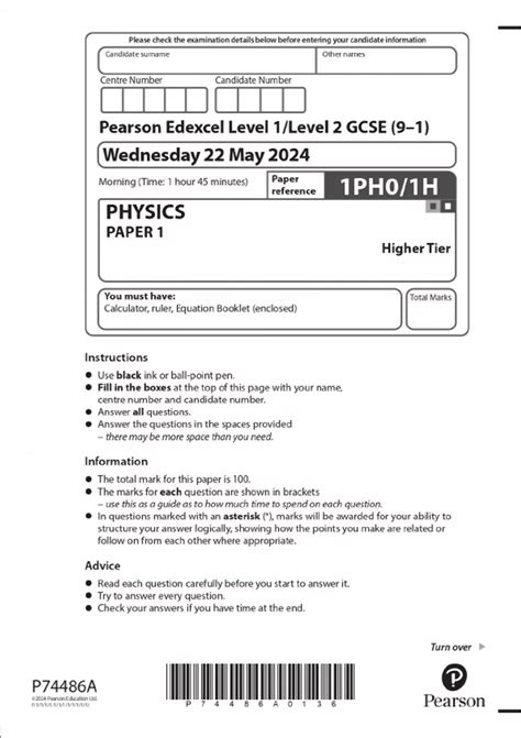 2024 GCSE Pearson Edexcel Level 1/Level 2 GCSE (9–1) PHYSICS PAPER 1 Higher Tier Combined ...