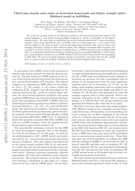 Pdf Chiral Spin Density Wave Order On The Frustrated Honeycomb And Bilayer Triangle Lattice