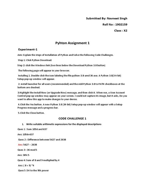 Pyhton Assignment 1 Submitted By Navneet Singh Roll No 1902159 Class