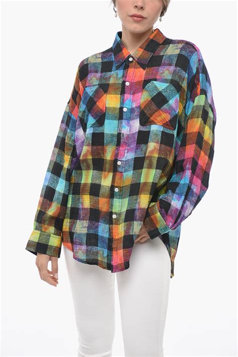 R13 Rainbow Checked Oversized Fit Shirt With Double Breast Pocket Women Glamood Outlet