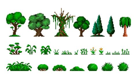 Premium Vector Trees And Bushes With Grass In The Style Of Pixel Art