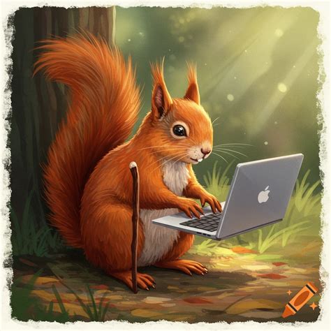 A Red Squirrel With A Walking Stick Types On A Laptop In A Sunny Forest