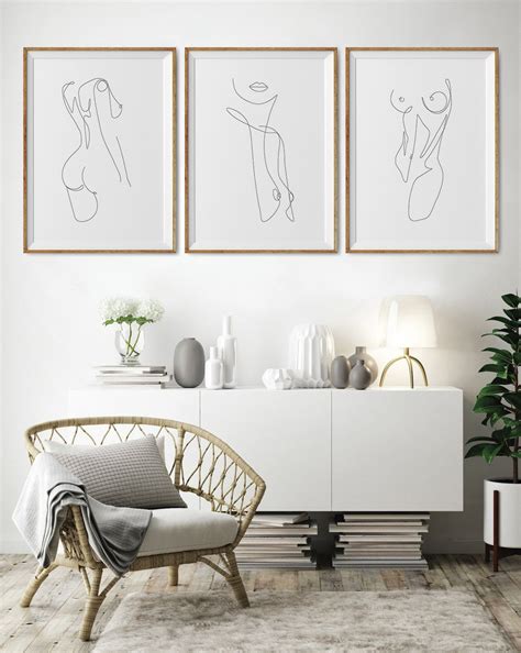 One Line Drawing Naked Line Art Set Abstract Nude Set Of 3 Female