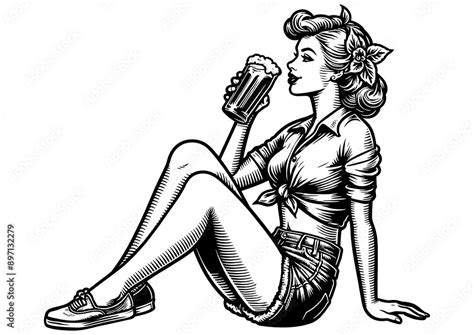 Pin Up Girl Sitting And Drinking A Frothy Beer Classic And Nostalgic