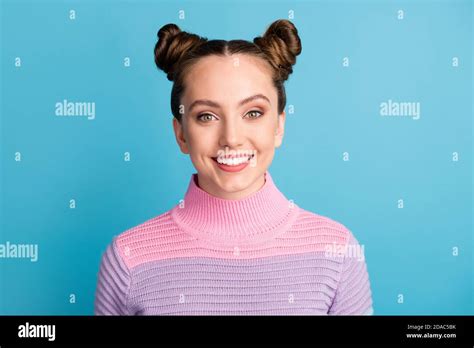 Closeup Photo Of Attractive Teen Lady Two Funny Buns Good Mood Toothy