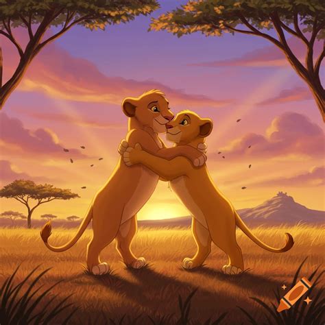 Two Cartoon Lion Cubs Nala And Simba Hug Affectionately On Their Hind