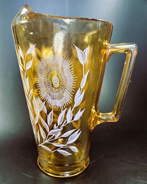 Vintage Amber Glass Lemonade Pitcher Mid Century Floral Sunburst