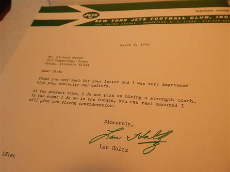 Vtg 1976 Thank You Letter From Lou Holtz Autograph Coach New York Jets