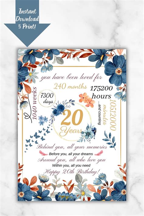 Floral 20th Birthday Card Printable T Pdf  Svg For Daughter