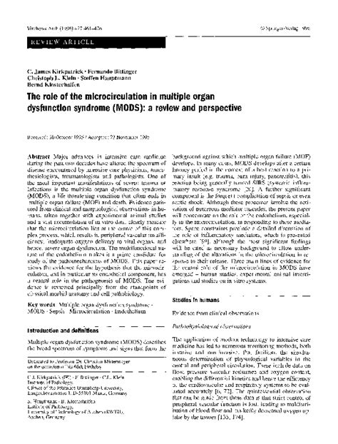 Pdf The Role Of The Microcirculation In Multiple Organ Dysfunction
