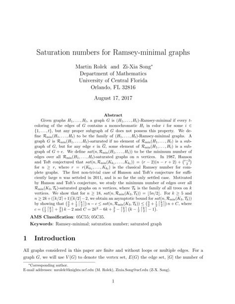 Pdf Saturation Numbers For Ramsey Math