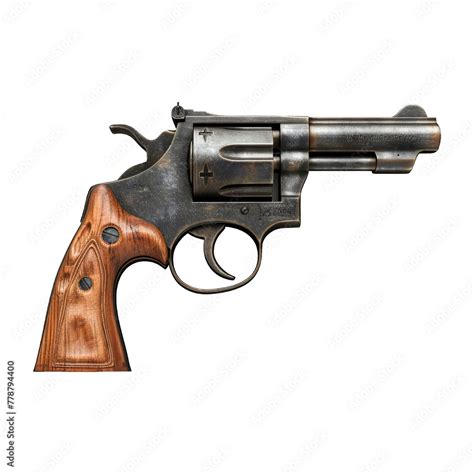 Side View Of Old Revolver With Wooden Grip Isolated On A Clipped Png