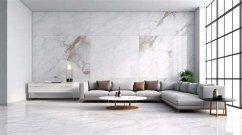 세련된 소파 세트가 있는 현대적인 미니멀리즘 거실 및 식사 공간 우아한 흰색 대리석 벽 장식 및 세련된 회색 바닥 타일 3d 렌더 고급스러운 인테리어 고급 가구 럭셔리