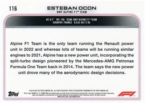Esteban Ocon Signed 2022 Topps Formula 1 Alpine F1 Team 116 Card Formula World Shop Inc