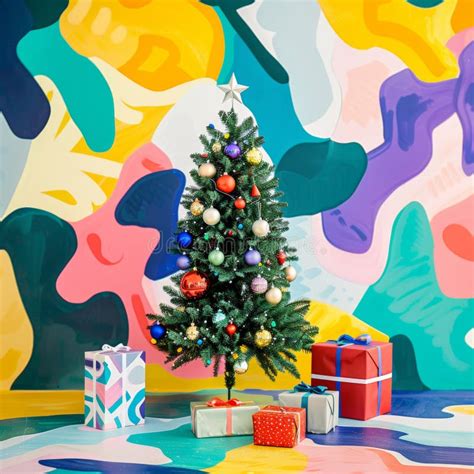 Holiday Setup With Christmas Tree And Ts On A Colorful Stock