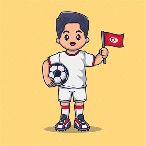 플래그와 공 만화 벡터 아이콘 그림을 들고 키트에 귀여운 튀니지 축구 선수 프리미엄 벡터