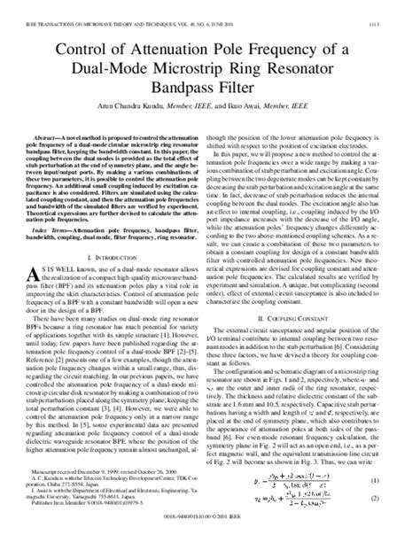 Pdf Control Of Attenuation Pole Frequency Of A Dual Mode Microstrip Ring Resonator Bandpass