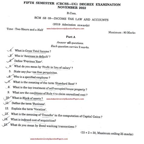 University Of Calicut Ug Bcom 5th Sem Bcm 5b 09 Income Tax Law And