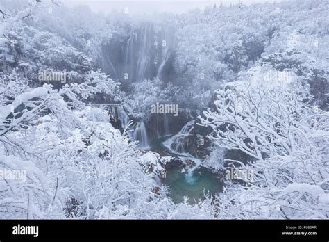 Plitvice Lakes Big Waterfall In Winter Snow Plitvice Lakes National