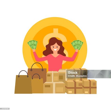 고객에게 배송을 위한 여성 포장 주문 그녀는 온라인 상점을 통해 제품을 판매하여 돈을 벌수 있습니다 온라인 비즈니스 벡터 일러스트레이션으로 수익을 창출합니다 웹 사이트에