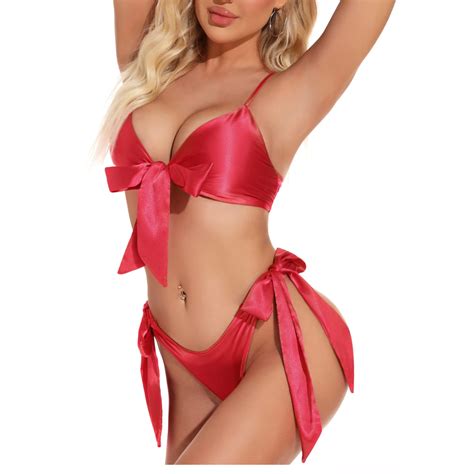 Women Sexy Lingerie Satin Bow Tie Bra Panty Bikini Swimwear Set Fancyra