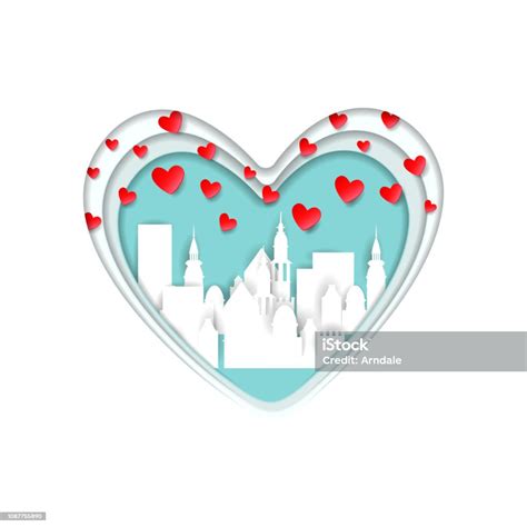 발렌타인 데이 배경입니다 도시와 계층화 된 마음에 마음을 비행 하는 레드의 실루엣 3차원 형태에 대한 스톡 벡터 아트 및 기타 이미지 3차원 형태 거리 건축 Istock