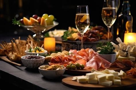 Light Snacks In A Plate On A Buffet Table Assorted Mini Canapes Delicacies And Snacks