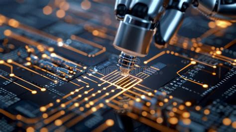 Close Up View Of A Robotic Arm Working On A Circuit Board Representing Automation And Advanced