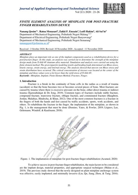 Pdf Finite Element Analysis Of Miniplate For Post Fracture Finger