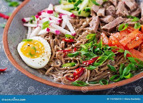 Buckwheat Noodles With Beef Eggs And Vegetables Korean Food Stock