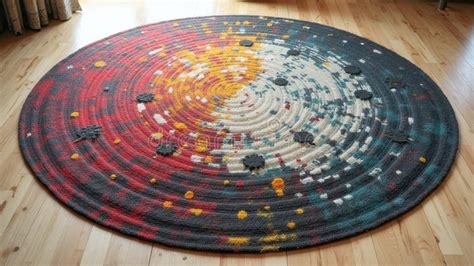 Vibrant Circular Rug With Abstract Color Pattern On Wooden Floor Stock