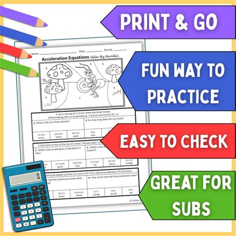 Acceleration Equations Color By Number Practice Kinematics Equations