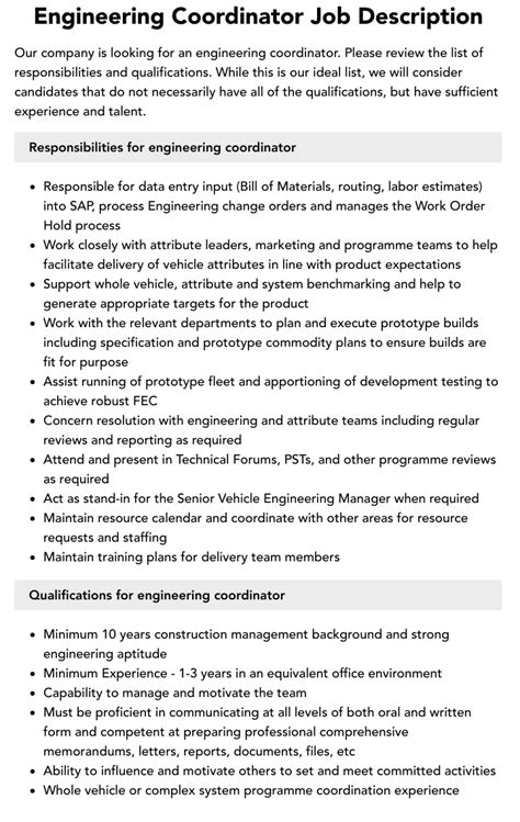 Engineering Coordinator Job Description Velvet Jobs
