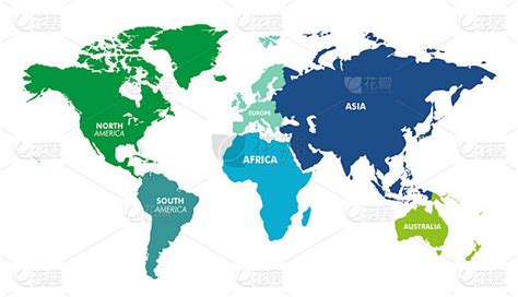 世界地图用不同的颜色分为六大洲。