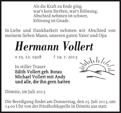 Traueranzeigen Von Hermann Vollert Trauer Nordkurier