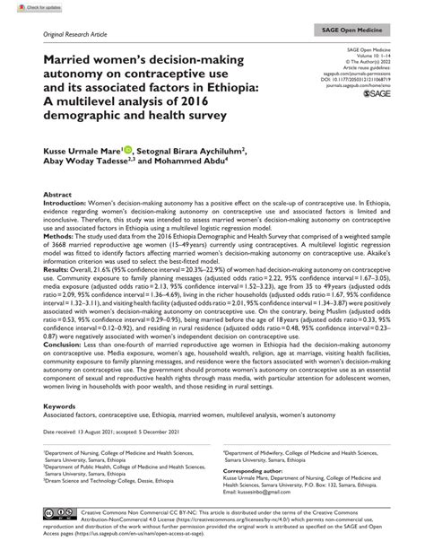 Pdf Married Womens Decision Making Autonomy On Contraceptive Use And