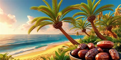 Beautiful Beach Scene Showing Palm Trees Along The Shore In Style Of